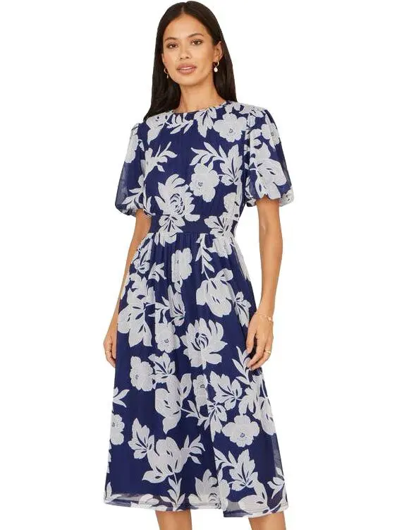 YUMI Floral Stretch Mesh Midi Dress - Navy