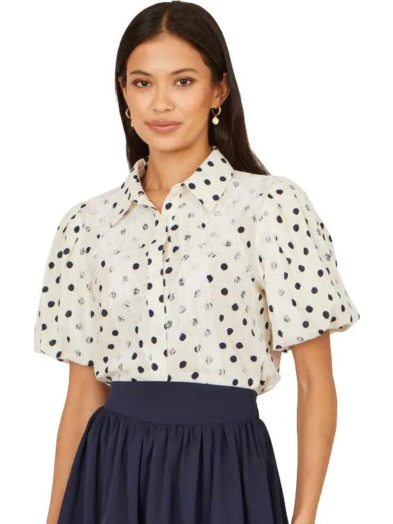 YUMI Polka Dot Lace Shirt - White