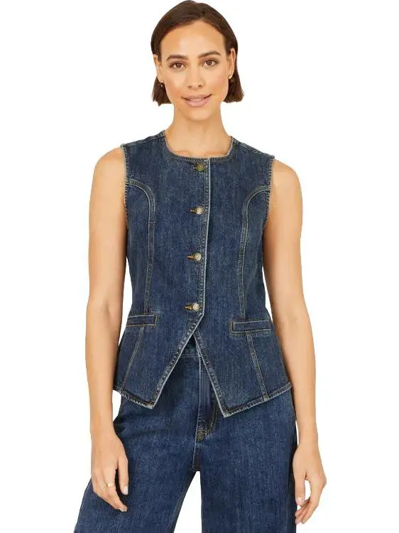 YUMI Stretch Long Denim Waistcoat - Blue