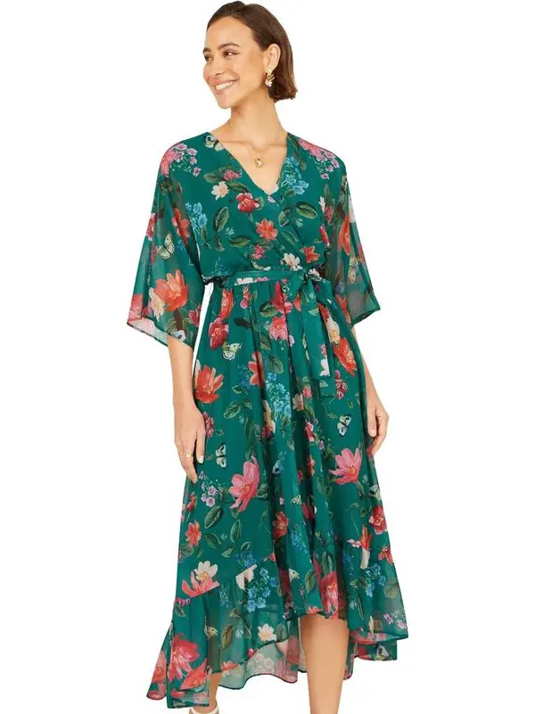 YUMI Floral Dip Hem Kimono Wrap Dress - Green