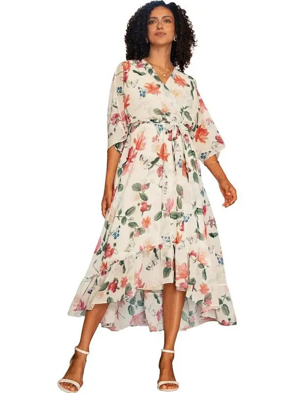 YUMI Floral Dip Hem Wrap Midi Dress - Ivory