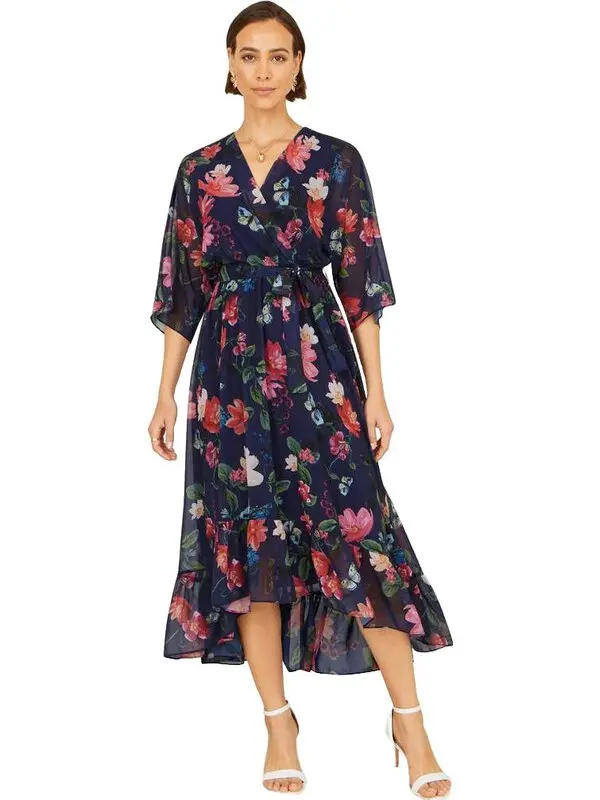 YUMI Floral Dip Hem Wrap Midi Dress - Navy