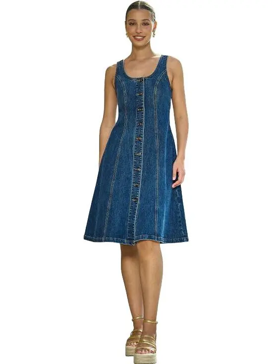 YUMI Stretch Denim Panel Fitted Dress - Blue