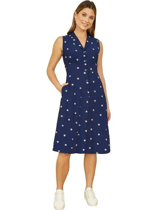 YUMI Daisy Print Sleeveless Shirt Dress - Navy