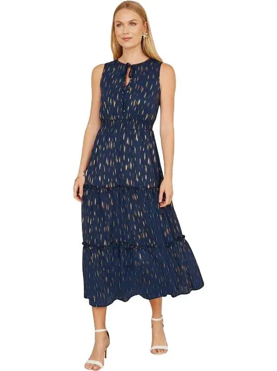 YUMI Foil Print Ruched Waist Midi Dress - Navy