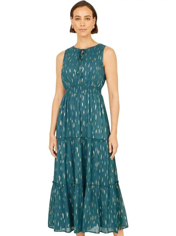 YUMI Foil Print Ruched Waist Midi Dress - Teal