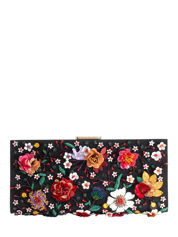 Carolina Herrera Floral Embroidered Satin Clutch - Black