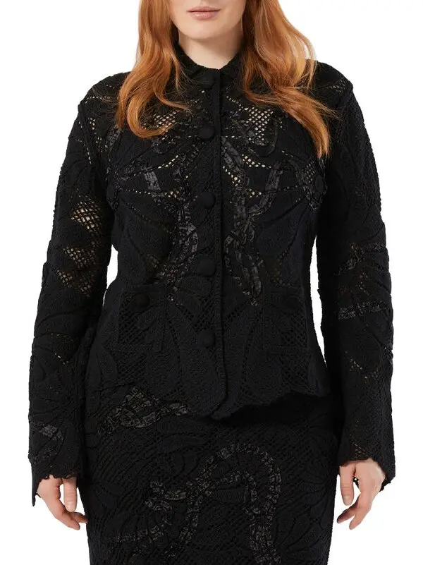 Marina Rinaldi Embroidered Mesh Cotton Blend Cardigan - Black