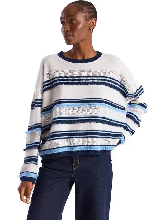 BRODIE CASHMERE Funky Stripe 100% Cashmere Sweater - Organic White/splash/ Navy