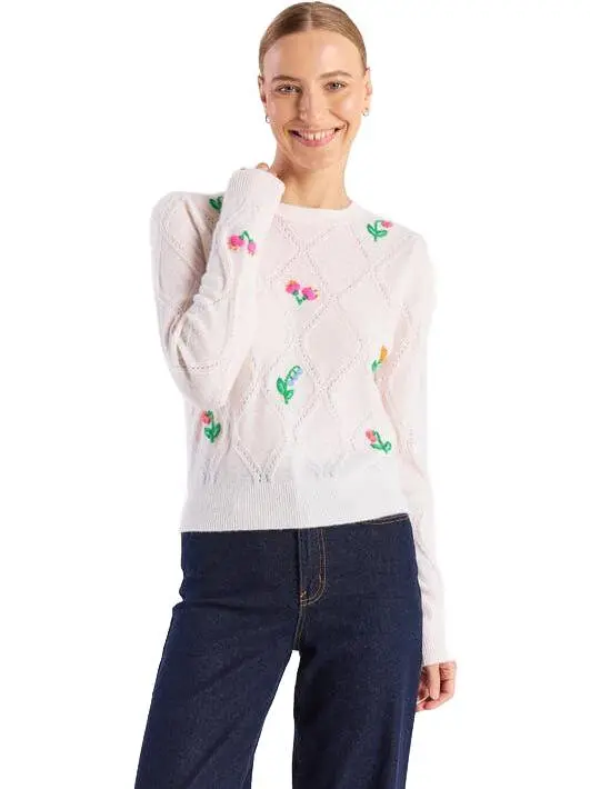 BRODIE CASHMERE Floral Embroidered Cashmere Sweater - Organic White