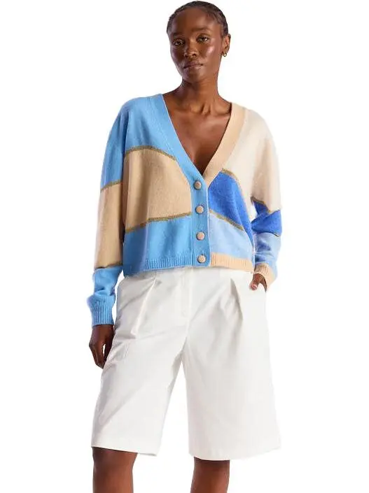 BRODIE CASHMERE Abstract Scenic Cashmere Cardigan - Soft Camel/splash/willow