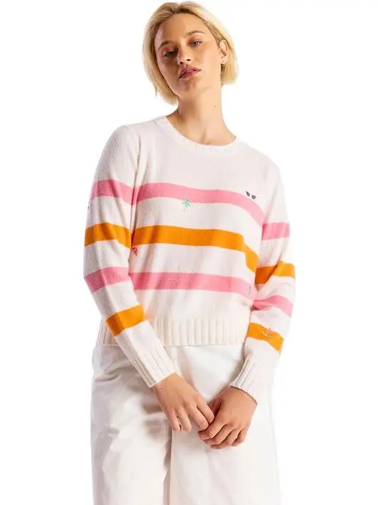 BRODIE CASHMERE Beach Embroidery Cashmere Sweater - Pink & Orange Stripes