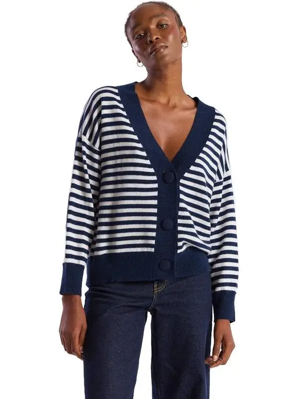 BRODIE CASHMERE Beach Stripe 100% Cashmere Cardigan - Navy