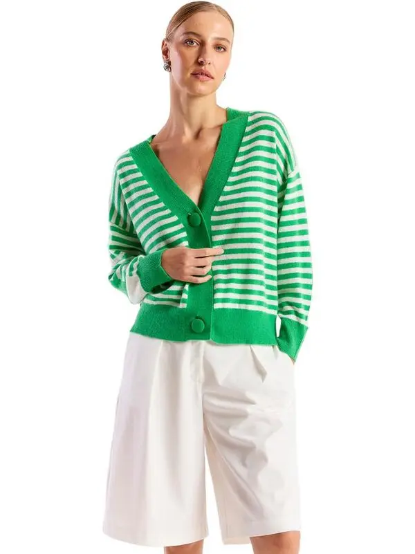 BRODIE CASHMERE Beach Stripe 100% Cashmere Cardigan - Spring Green