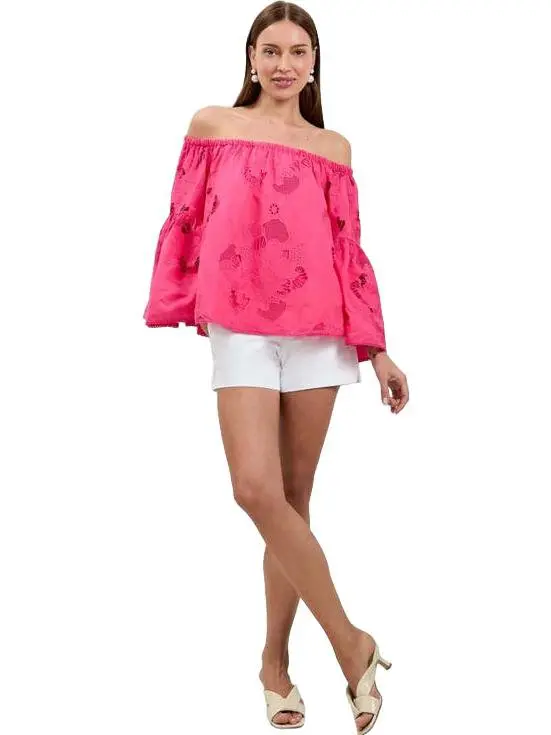 Trina Turk Perry Off-shoulder Eyelet Cotton Top With Bell Sleeves - Magenta Milano