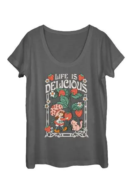 STRAWBERRY SHORTCAKE Life Is Delicious Scoop Neck T-shirt - Charcoal