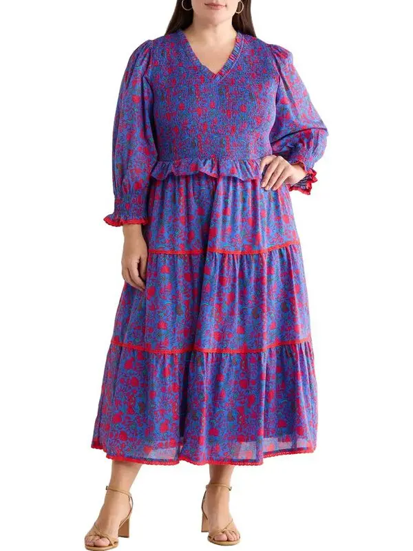 SUGARLIPS Floral Print Smocked Maxi Dress - Blue-fuchsia