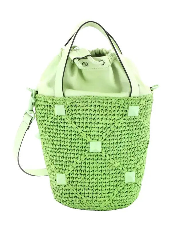 Valentino Garavani Roman Stud Raffia And Leather Bucket Bag - Green