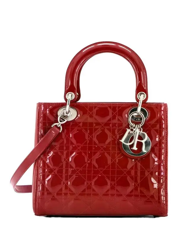 Dior Lady Medium Satchel Cannage Quilt Patent - Red