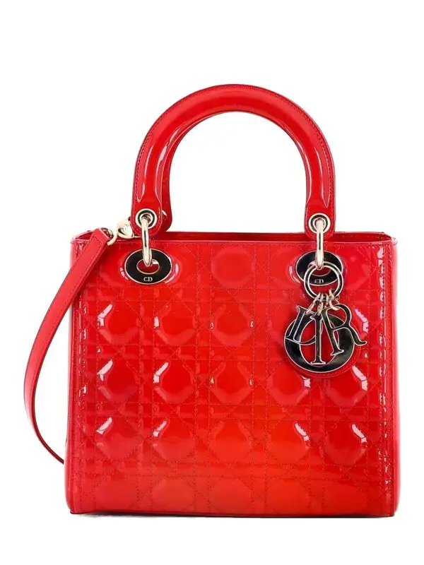 Dior Lady Medium Satchel Cannage Quilt Patent - Red