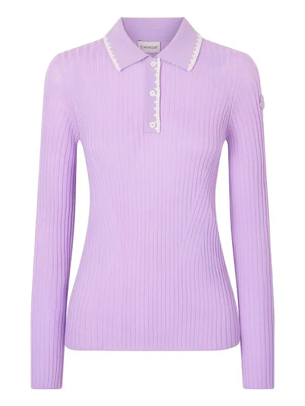 Moncler Appliquéd Embroidered Ribbed Wool Polo Shirt - Lilac