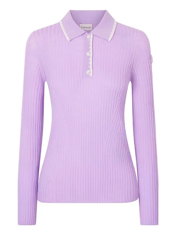 Moncler Appliquéd Embroidered Ribbed Wool Polo Shirt - Purple