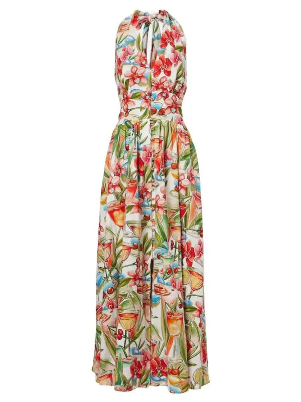 Farm Rio Floral Halterneck Linen-blend Maxi Dress - Multicoloured