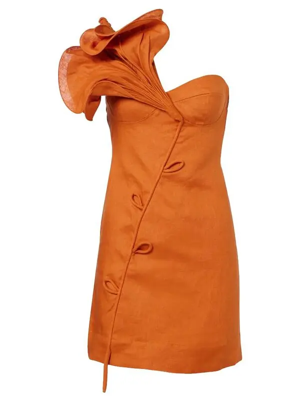 Farm Rio Floral-appliqué Linen Mini Dress - Orange