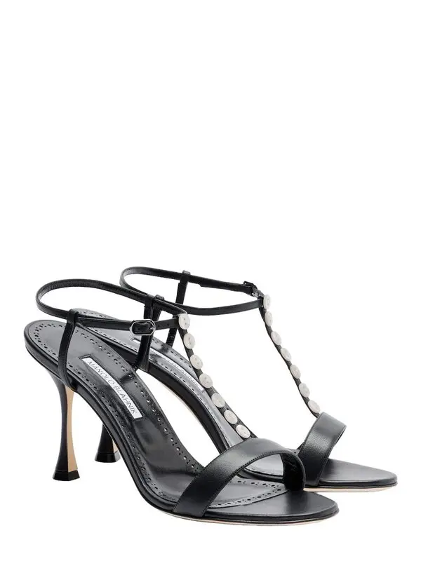 Manolo Blahnik Leather Embellished Sandals - Black