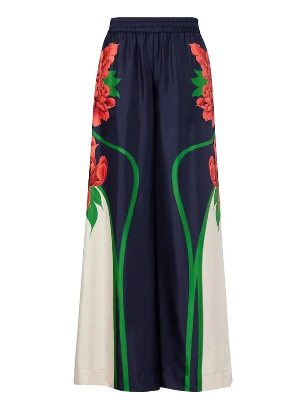 La DoubleJ Floral Silk Palazzo Pants - Blue
