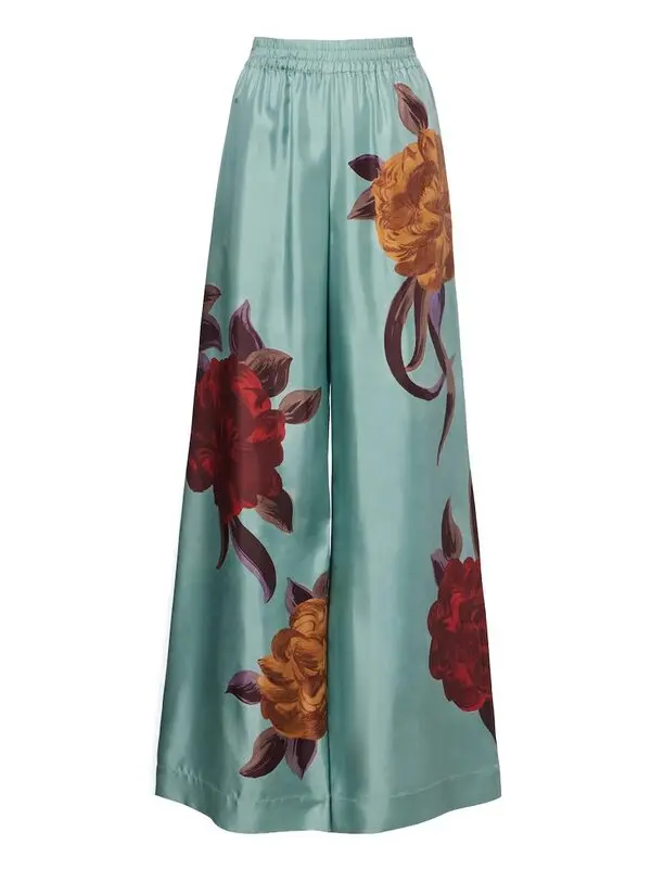 La DoubleJ Floral Silk Palazzo Pants - Turquoise