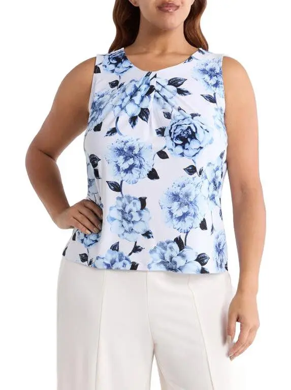 Anne Klein Floral Pleat Neck Sleeveless Top - Crisp White Multi