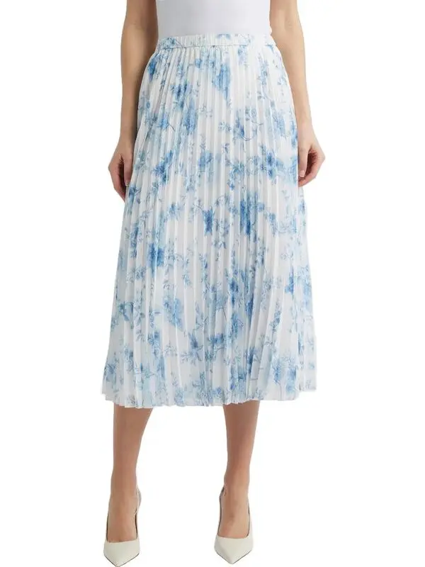 Anne Klein Floral Print Pleated Midi Skirt - Crisp White/blue