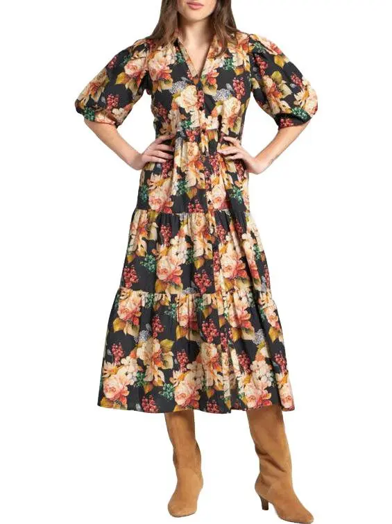 APNY Floral Midi Shirtdress - Black Multi