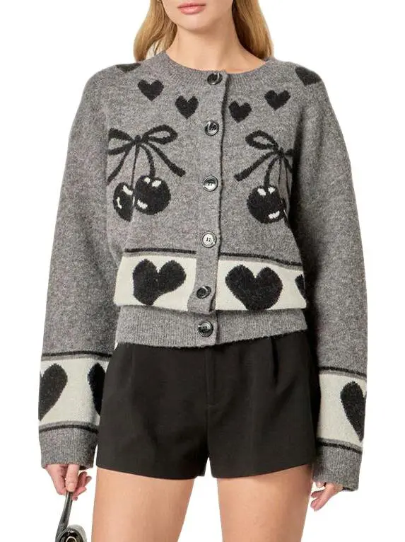English Factory Cherry Heart Cardigan - Charcoal Multi