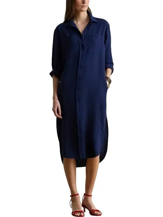 Ralph Lauren Long Sleeve Double Faced Georgette Shirt Dress - Refined Navy Blue