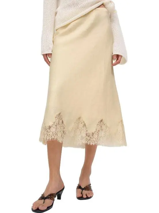 REFORMATION Carolina Lace Trim Linen Midi Skirt - Sugar