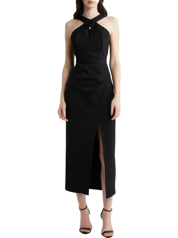 Eliza J Halter Neck Ruched Cocktail Dress - Black