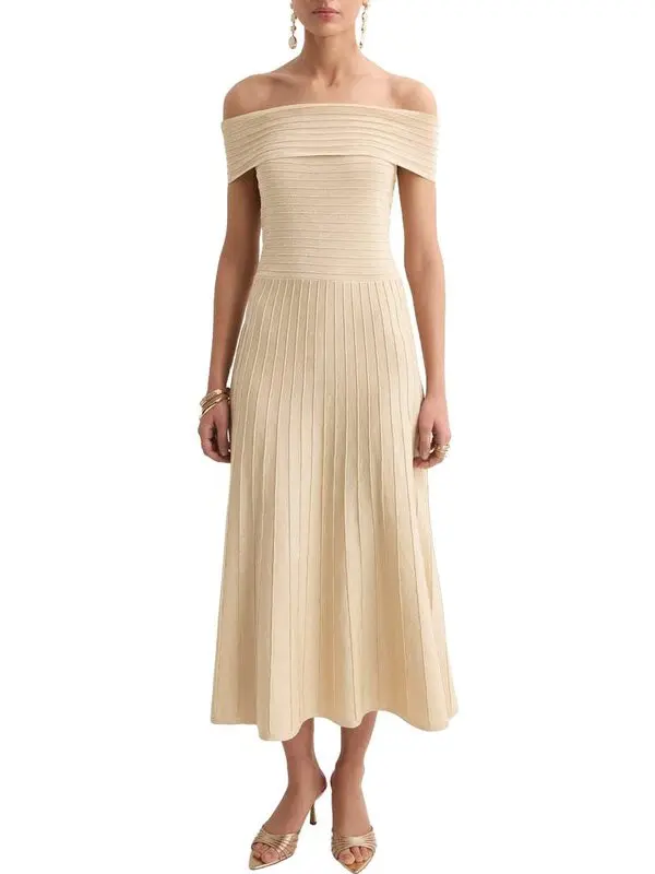 Mango Off-the-shoulder Flared Ribbed Sweater Dress - Gold