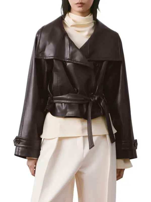 Mango Faux Leather Belted Jacket - Maroon