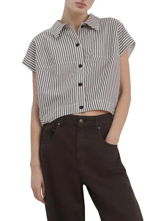 Mango Striped Cropped Button-up Shirt - Ecru