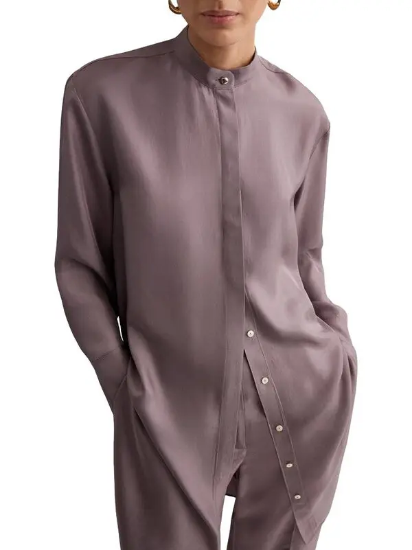 Mango Long Satin Shirt With Stand Collar - Pastel Purple