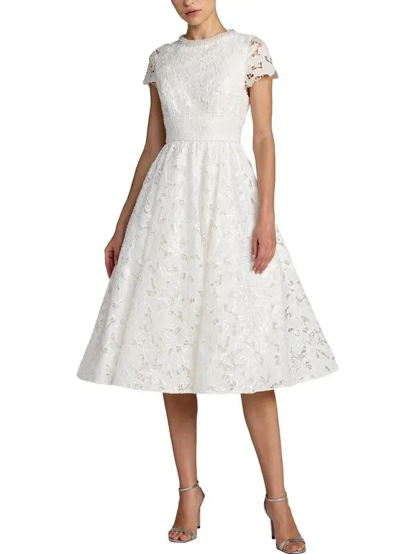 Mac Duggal Lace Embellished A-line Midi Dress - Ivory
