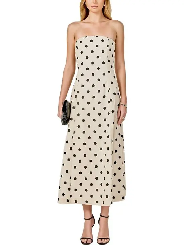 Endless Rose Polka Dot Strapless Linen & Cotton Midi Dress - Sand/black