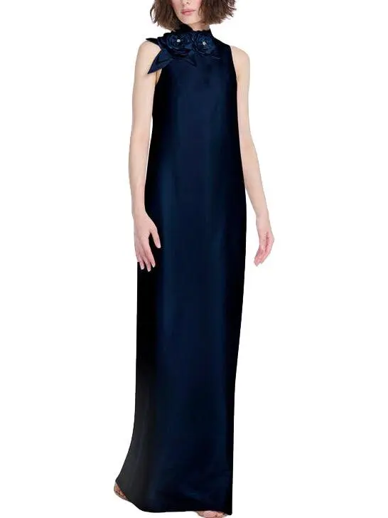 EMILY SHALANT Floral Detail Sleeveless Taffeta Gown - Navy