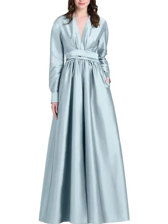 EMILY SHALANT Surplice Long Sleeve Taffeta Gown - Light Blue