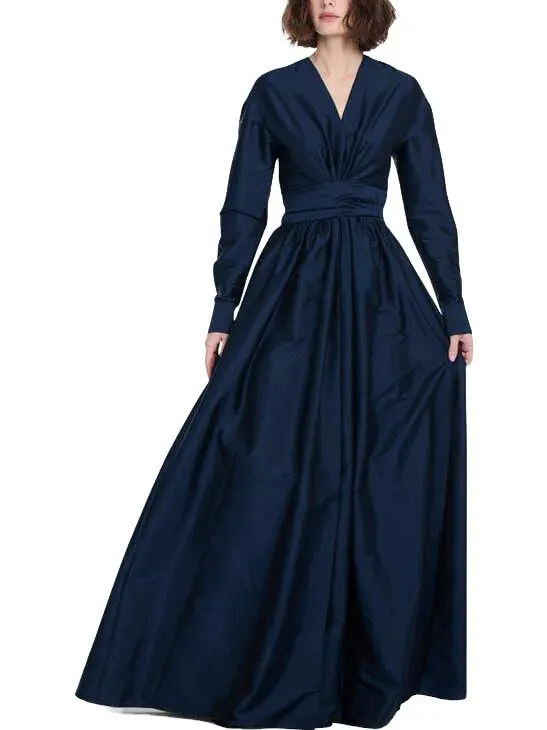 EMILY SHALANT Surplice Long Sleeve Taffeta Gown - Navy