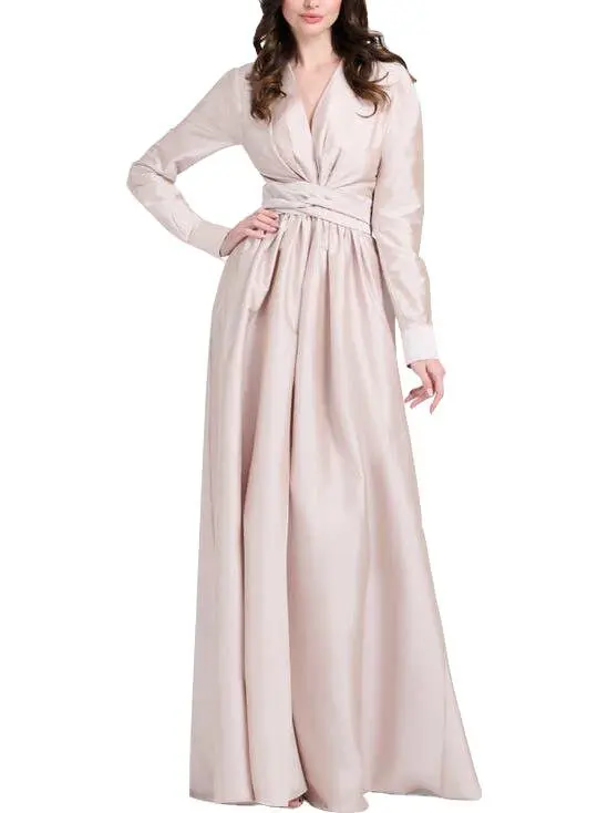EMILY SHALANT Surplice Long Sleeve Taffeta Gown - Oyster