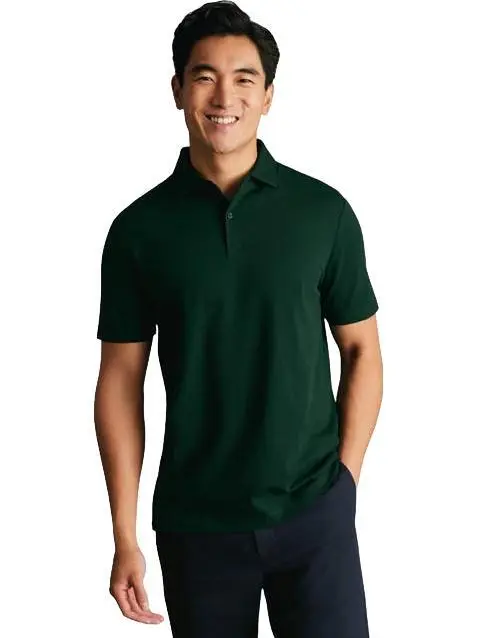 CHARLES TYRWHITT Short Sleeve Cotton Stretch Smart Pique Polo - Dark Green