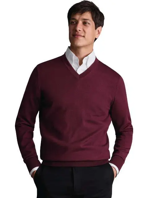 CHARLES TYRWHITT Merino Wool V-neck Sweater - Burgundy Red